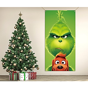 Nepnuser Grinchmas Door Cover Christmas Green Elf Decoration Winter Holiday Party Backdrop Door Hanging Banner