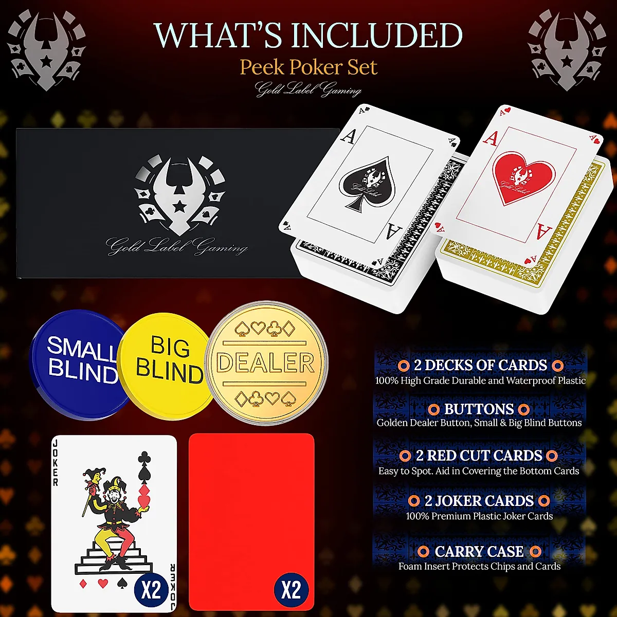 Gold Label Casino Poker PEEK Playing Cards - 100% Plastic Waterproof, Flexible PVC Standard Cards, Black/Gold Double-Deck Set, with Gold Dealer, Small and Big Blind Button, and Red Plastic Cut Cards