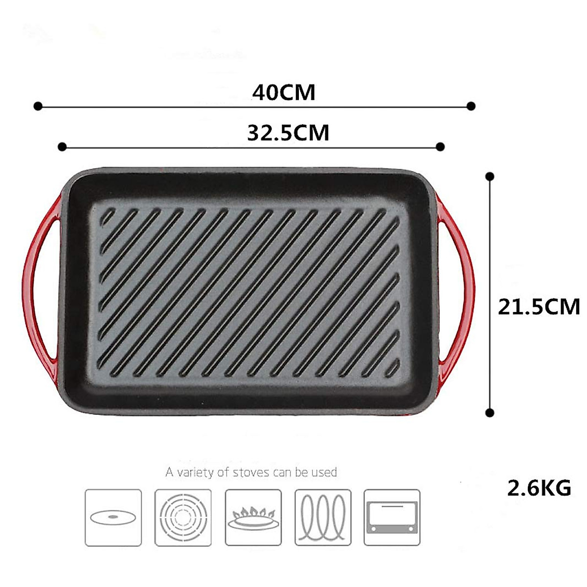 LI-GELISI Enameled Pre-Seasoned Cast Iron Double Handle Rectangle Grill Pan 15.8 inch, Red