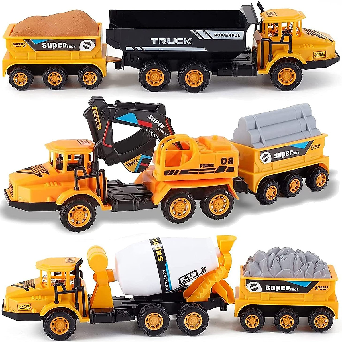 Liberty Imports 3 PCS Construction Trucks Toys for Kids, Big Rig Cargo Transport Model Vehicles Semi with Trailers Playset - Dump Truck, Cement Mixer, Excavator