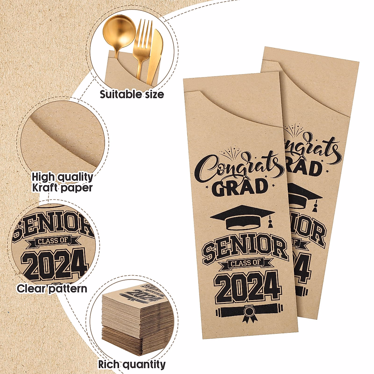 Ireer 100 Pcs Class of 2024 Graduation Paper Silverware Bags Utensil Holder for Graduation Party Supplies Pocket Sleeves for College Senior High School Congrats Grad Table Centerpiece Decor (Brown)