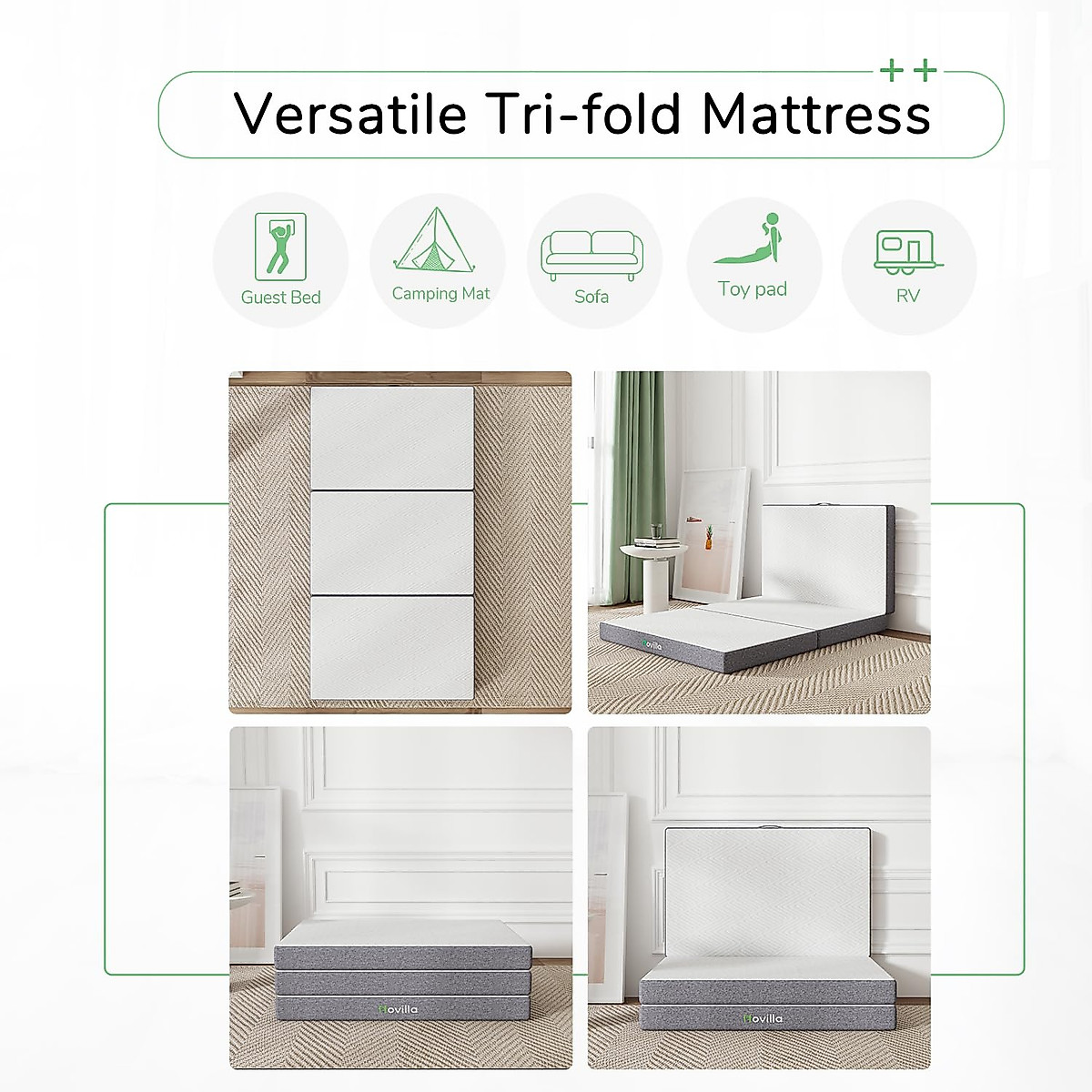 Novilla Tri Fold Mattress Full, 4 Inch Memory Foam Foding Mattress,Portable Mattress with Breathable Mesh Sides for Yoga, Camping, RV,Foldable Mattress,CertiPUR-US Certified,Full Size