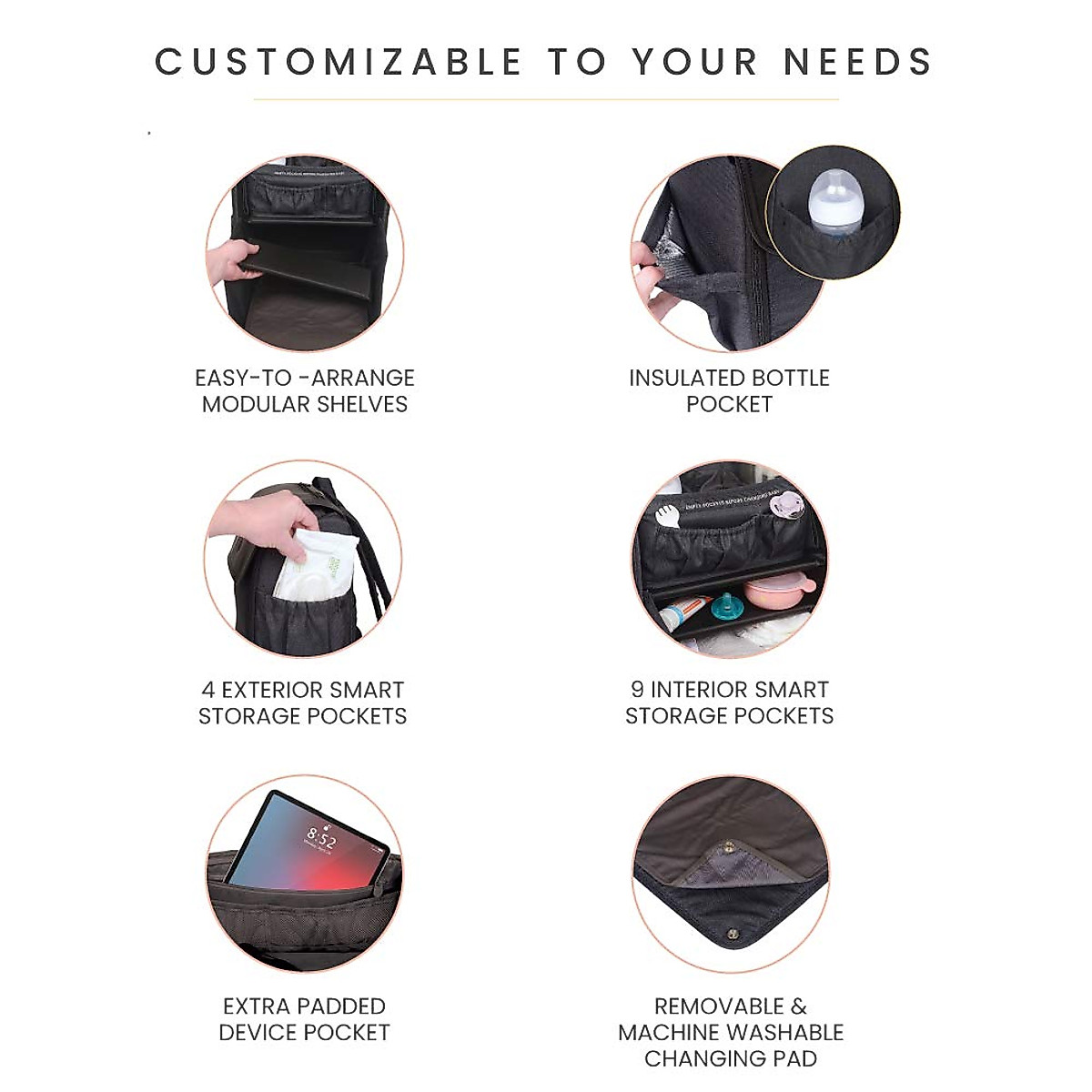 Lulyboo Diaper Bag Convertible Backpack, Full Open Cabinet and Padded Changing Station, Removable Caddy with Two Drink Holders and Angled Cell Phone Storage for Easy Viewing, Black