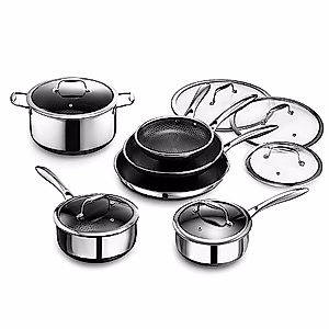 HexClad 12 Piece Hybrid Stainless Steel Cookware Set - 6 Piece Frying Pan Set and 6 Piece Pot Set with Lids, Stay Cool Handles, Dishwasher Safe, Induction Ready, Metal Utensil Safe
