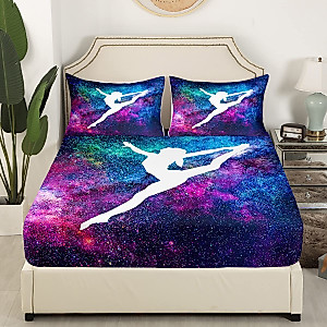 Erosebridal Gymnastic Bed Sheet 3 Pieces, Gymnast Lovers Sheet Set Galaxy Starry Sky Fitted Sheet Funny Dancer Silhouette Top Sheet + 1 Pillow Case Gymnast Gifts for Girls Teens Women, Twin Size