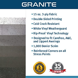 ShadePro - RV Awning Fabric Replacement - Heavy Duty Weatherproof Vinyl - Universal Outdoor Canopy for Camper, Trailer, and Motorhome Awnings - Granite - 16' (Fabric 15' 2")