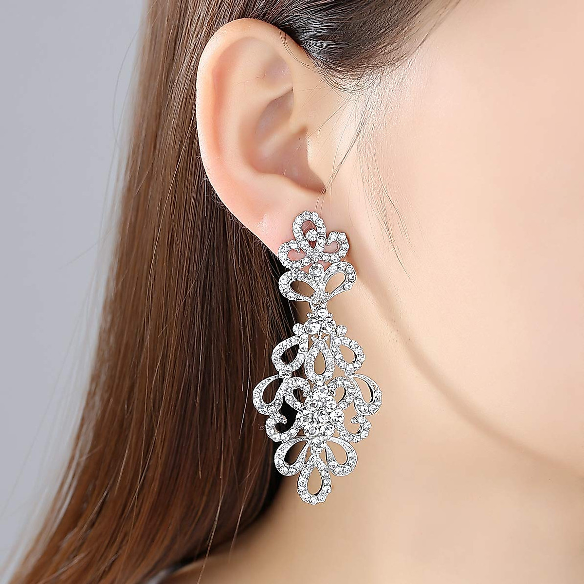 mecresh Wedding Teardrop Dangle Crystal Rhinestone Beaded Chandelier Silver Earrings for Brides