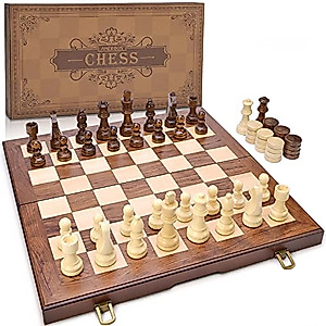 AMEROUS Wooden Chess & Checkers Set with Upgraded Weighted Chess Pieces, 15 Inches (2 in 1) Chess Board Games for Kids, Adults w/ 2 Extra Queens / 24 Cherkers Pieces/Gift Package