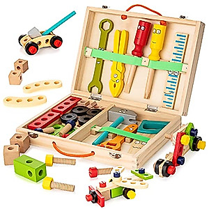 KIDWILL Tool Kit for Kids, 37 pcs Wooden Toddler Tools Set Includes Tool Box & Stickers, Montessori Educational Stem Construction Toys for 2 3 4 5 6 Year Old Boys Girls, Best Birthday Gift for Kids