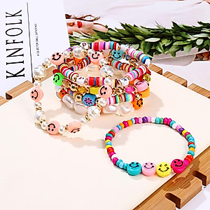 HZEYN Beaded Bracelet Set Stack Colorful Happy Face Pearl Heishi Beaded Stretchy Bracelet Summer Beach Bracelet Jewelry (Colorful-6pcs)
