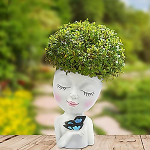 WEWEOW Face Planter/Flower Pot for Indoor Outdoor Plants Resin Succulent Planter with Drainage Hole Cute Lady Face Plant Pots