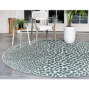 Unique Loom Jill Zarin Outdoor Collection Animal Print Area Rug (4' 0 x 4' 0 Round, Teal)