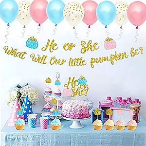 Pumpkin Gender Reveal Party Decoration Fall Baby Shower Banner He Or She Cake Cupcake Topper Pink Blue Balloons Boy Or Girls Sex Announcement Ideas Favor Supplies