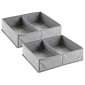 mDesign Soft Fabric Dresser Drawer and Closet Storage Organizer Bin for Child/Kids Room, Nursery, Playroom - Divided 2 Section Tray - Textured Print, 2 Pack - Gray