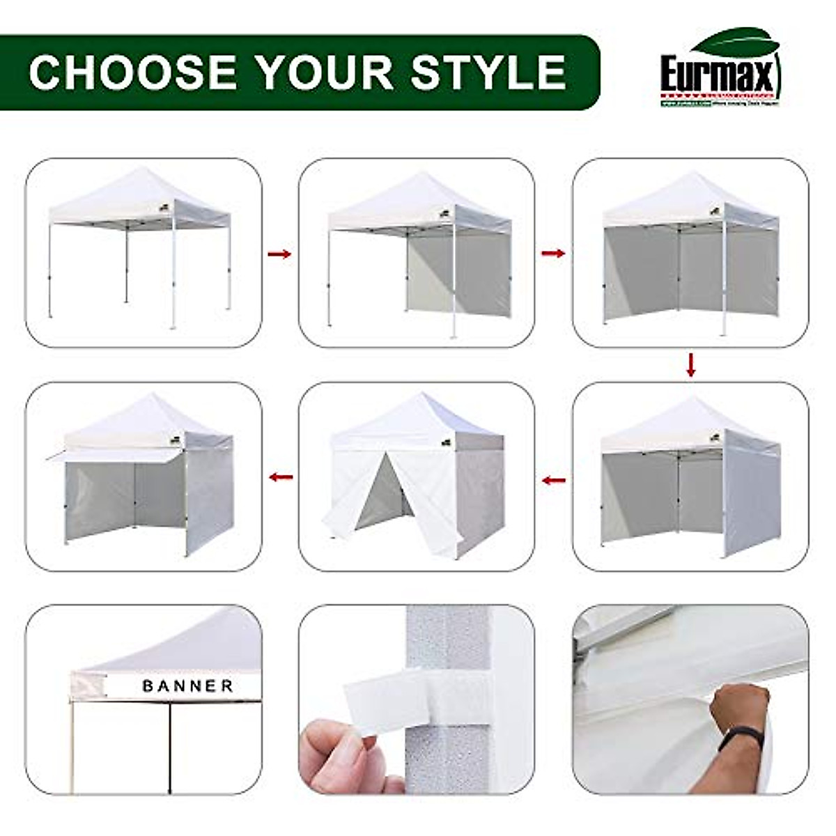 Eurmax USA 10 x 10 Pop up Canopy Commercial Pop Up Canopy Tent Outdoor Party Canopies with 4 Removable Zippered Sidewalls and Roller Bag with 4 Canopy Sand Bags & 24 Squre Ft Extended Awning(White)