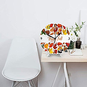 Moslion Wall Clock Happy Fall Autumn Leaf Berry Maple Pine Cone Acorn Gold Season Design Harvest Round Wall Clock Home Decor Wall Clock for Thanksgiving Day Halloween Xmas