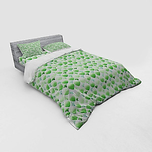 Ambesonne Quatrefoil Duvet Cover Set, Clovers Moroccan Design in Watercolor Style Art Luck Theme, 4 Piece Bedding Set with Shams and Fitted Sheet, Queen Size, White Green