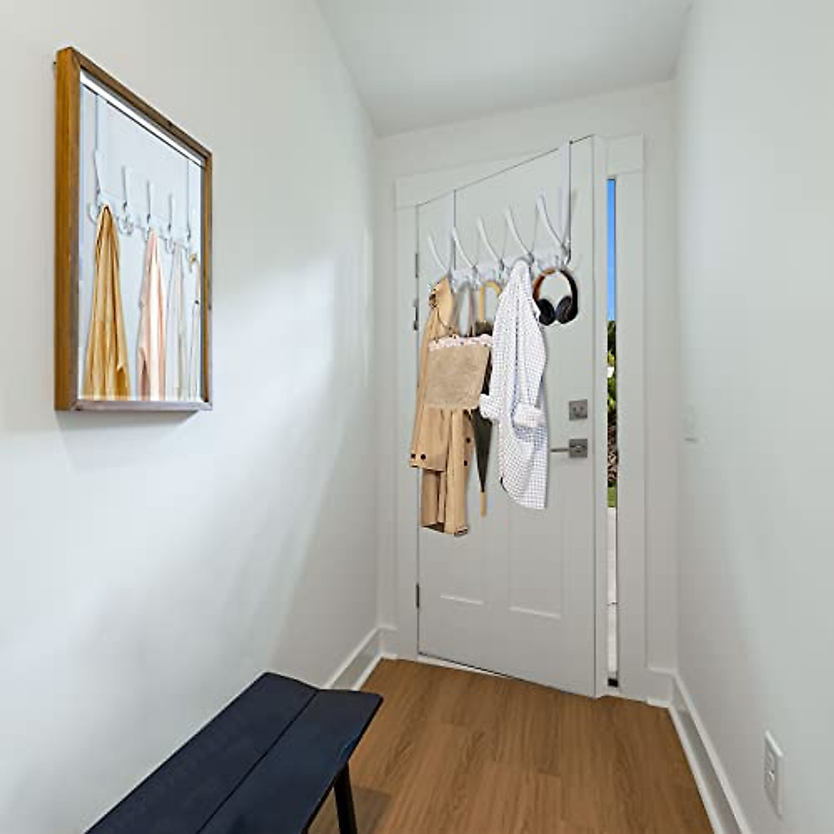 WEBI Over The Door Hook Door Hanger Hook Rack with 5 Tri Hooks for Hanging Coats, Over The Door Towel Rack Towel Hanger Door Coat Hanger Over Door Coat Rack for Bathroom,Behind Back of Door,White