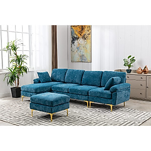 Goohome Sectional Sofá, Modern Velvet Upholstered 4-6 Seater w/Ottoman, Convertible Left and Right Side Chaise Lounge Couch, for Large Space,Living Room, Apartment, Home, L/U-Shaped Sofa, Teal Blue
