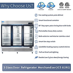 ICECASA 82" W Commercial Display Refrigerator 3 Glass Door Merchandiser Reach-in 72 Cu.ft Stainless Steel Display Refrigerator Fan Cooling for Restuarant, Bar, Shop, etc