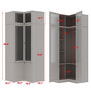 Homsee L-Shape Armoire Wardrobe Closet with Frosted Glass Doors, Hanging Bar & Shelves, Wooden Closet Storage Cabinet with Top Cabinet for Bedroom, Warm Grey (35.4”L x 35.4”W x 86.6”H)