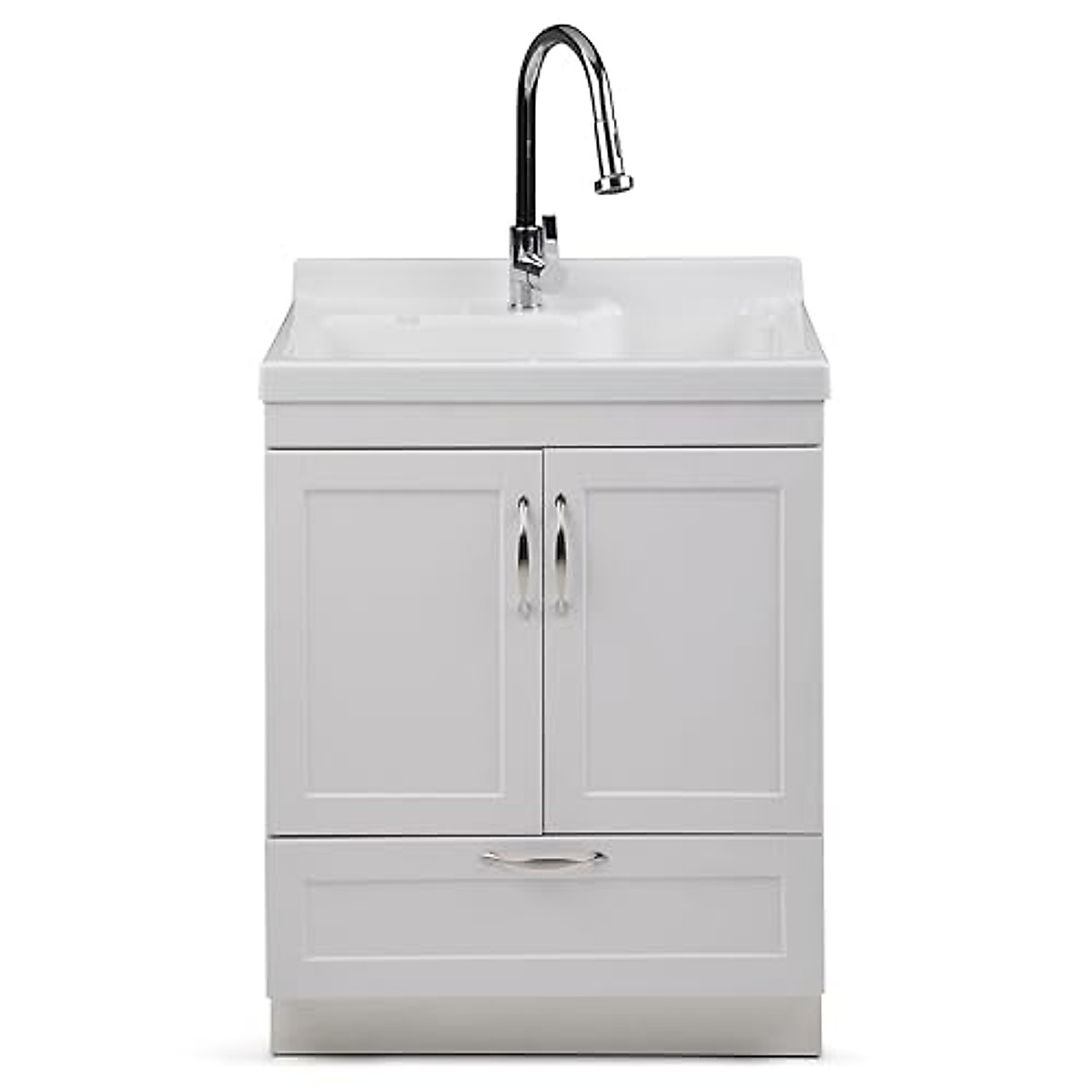 SIMPLIHOME Maile All-in-One Utility Sink & Cabinet, Pure White, 28-inch Laundry Cabinet, Pull-out Faucet, ABS Sink, Storage Drawer for Laundry Room, Mudroom, Garage