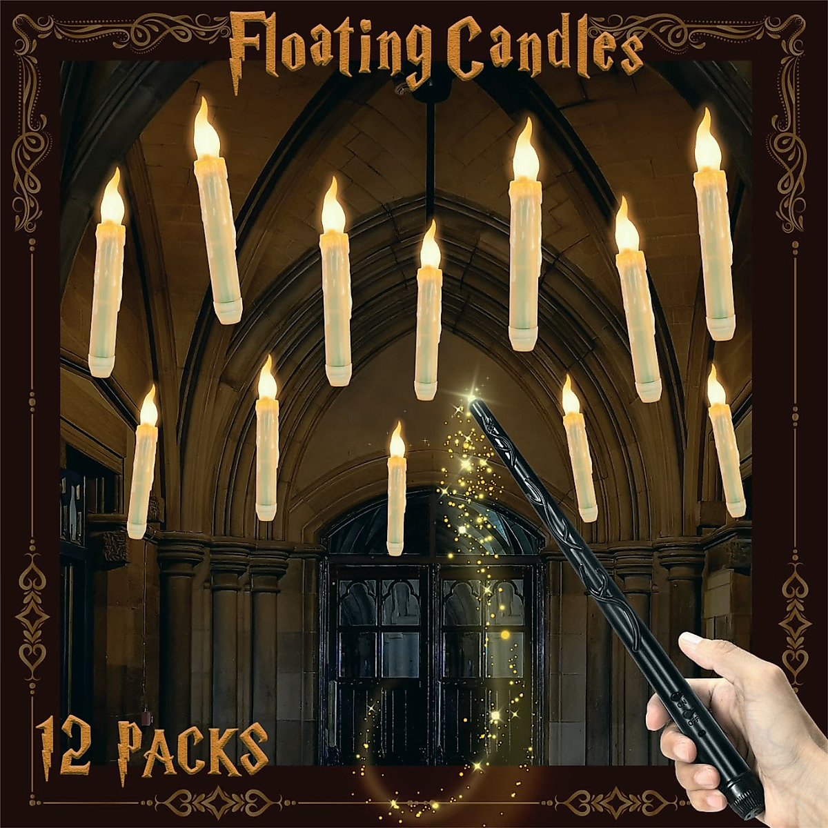 BAYSING 12Pack Halloween Decorations Floating LED Candles with Wand Remote Control, Battery Operated Hanging Taper, Halloween Decor Candles, Indoor Outdoor Home Table Church Wedding Decor