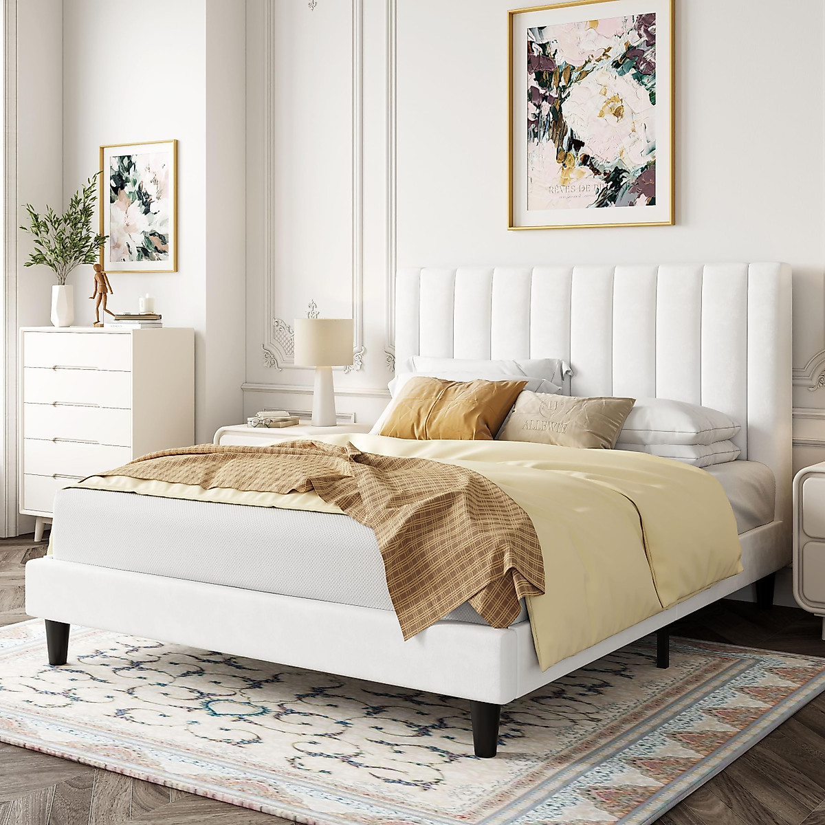 Allewie Queen Bed Frame/Velvet Upholstered Bed Frame with Vertical Channel Tufted Headboard/Strong Wooden Slats/Platform Bed Frame/Mattress Foundation/Box Spring Optional/Easy Assembly/White