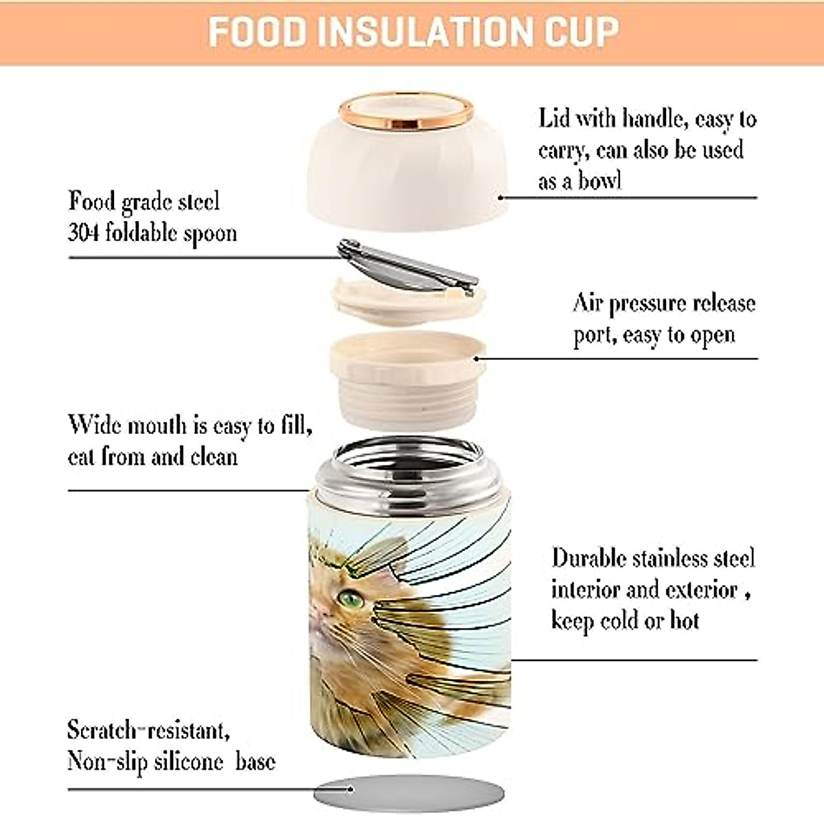 CUPADA Ginger Cat Lovely Food Jar, Broken Glass Design Insulated Hot Food Jars Vacuum 17OZ with Folding Spoon for Work Trip Picnic Camping