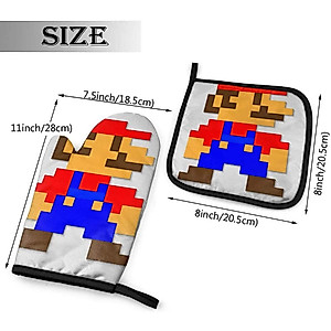 HENGE Pixel Mario Oven Mitts and Pot Holders Sets of 2,Resistant Hot Pads,Flexible Cooking Oven Gloves for Microwave BBQ Cooking Baking Grilling