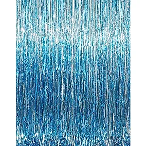 GOER 6.4 ft x 9.8 ft Metallic Tinsel Foil Fringe Curtains,Pack of 2 Party Streamer Backdrop for Birthday,Graduation Decorations and New Year Eve (Light Blue)