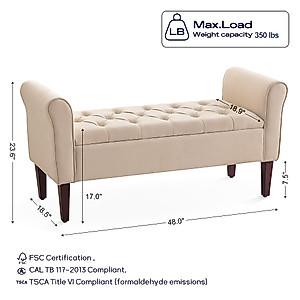 HUIMO 48" Arm Storage Ottoman with 7.5-inch Solid Wood Legs, Storage Bench, Upholstered Window Sitting Bench for Bedroom,End of Bed Bench Indoor, Livingroom, Entryway,Tan