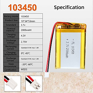 AKZYTUE 3.7V 103450 2000mAh Lipo Battery Rechargeable Lithium Polymer ion Battery with JST Connector, Can Replace 103454 963450 Lipo Battery