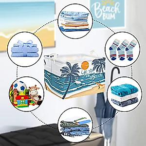 Clastyle Summer Beach Sun Sea Shelf Basket for Bedroom Coconut Trees Blue Rectangle Clothes Toys Cube Storage Basket, 36L