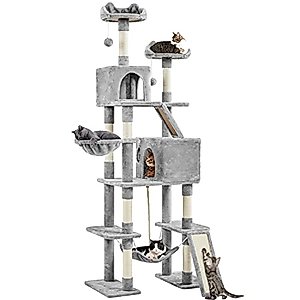 Yaheetech 82.5in Large Cat Tree, Multi Level Cat Tower w/ 2 Cozy Condos, 2 Cat-Ear Perches, Scratching Posts, Hammock, Basket, Cat Furniture for Indoor Cats, Kittens, Light Gray