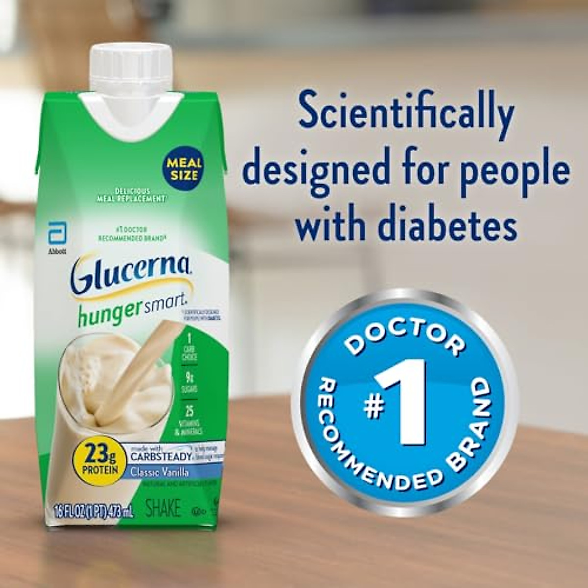Glucerna Hunger Smart Meal Size Shake, Diabetic Drink to Support Blood Sugar Management, 23g Protein, 250 Calories, Classic Vanilla, 16-fl-oz Carton, 12 Count