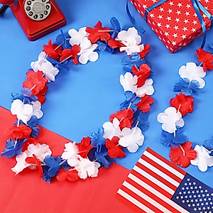 JUNEBRUSHS 24 Pack Patriotic Leis Red White and Blue Flower Leis, 4th of July Garlands Hawaiian Luau Flower Necklaces Bulk for Fourth of July, Memorial Day, Independence Day Decorations Party Favors