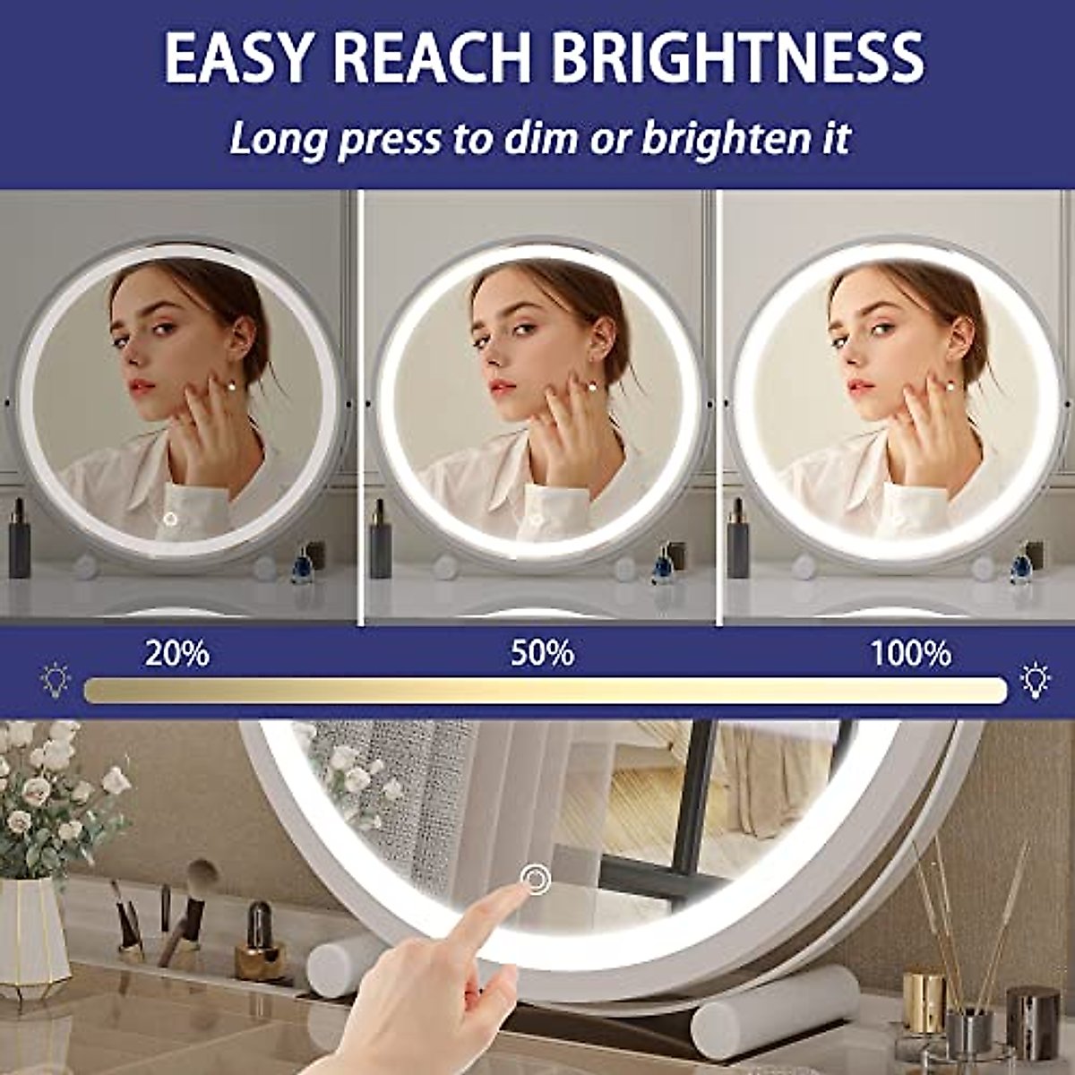 Hasipu Vanity Mirror with Lights, 18" LED Lighted Smart Touch Control 3 Colors Dimmable Round Mirror 360°Rotation White
