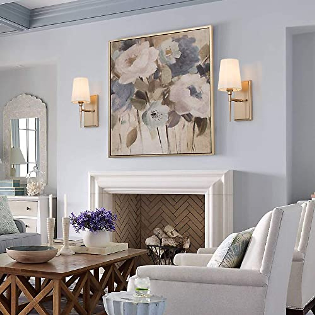 classy leaves Sconces Wall Lighting Fixture, 1 Light Gold Bathroom Light Fixtures with White Fabric Shade, Modern Gold Wall Sconce for Bathroom, Bedroom and Hallway (6.5" W x 12" H)