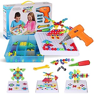 Haifeng Creative Mosaic Drill Set for Kids, STEM Toys for 3+ Year Old, Electric Drill Toy with DIY Screwdriver Tool,3D Construction Toys for Boy & Girl, Building Blocks for Toddler Preschool