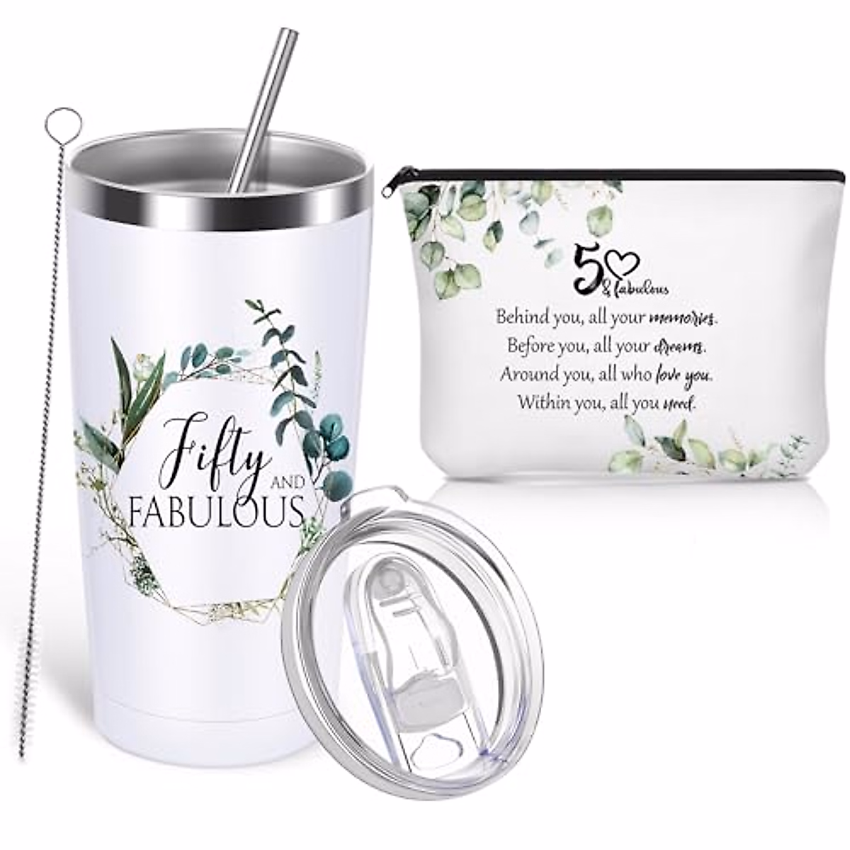 50th Birthday Gifts for Women 2 Pieces 50 and Fabulous Gifts for Women Including 20 oz Wine Stainless Steel Tumbler with Lid Straw Fabulous Makeup Bag for Turning 50 Year Old Woman Mother Ladies