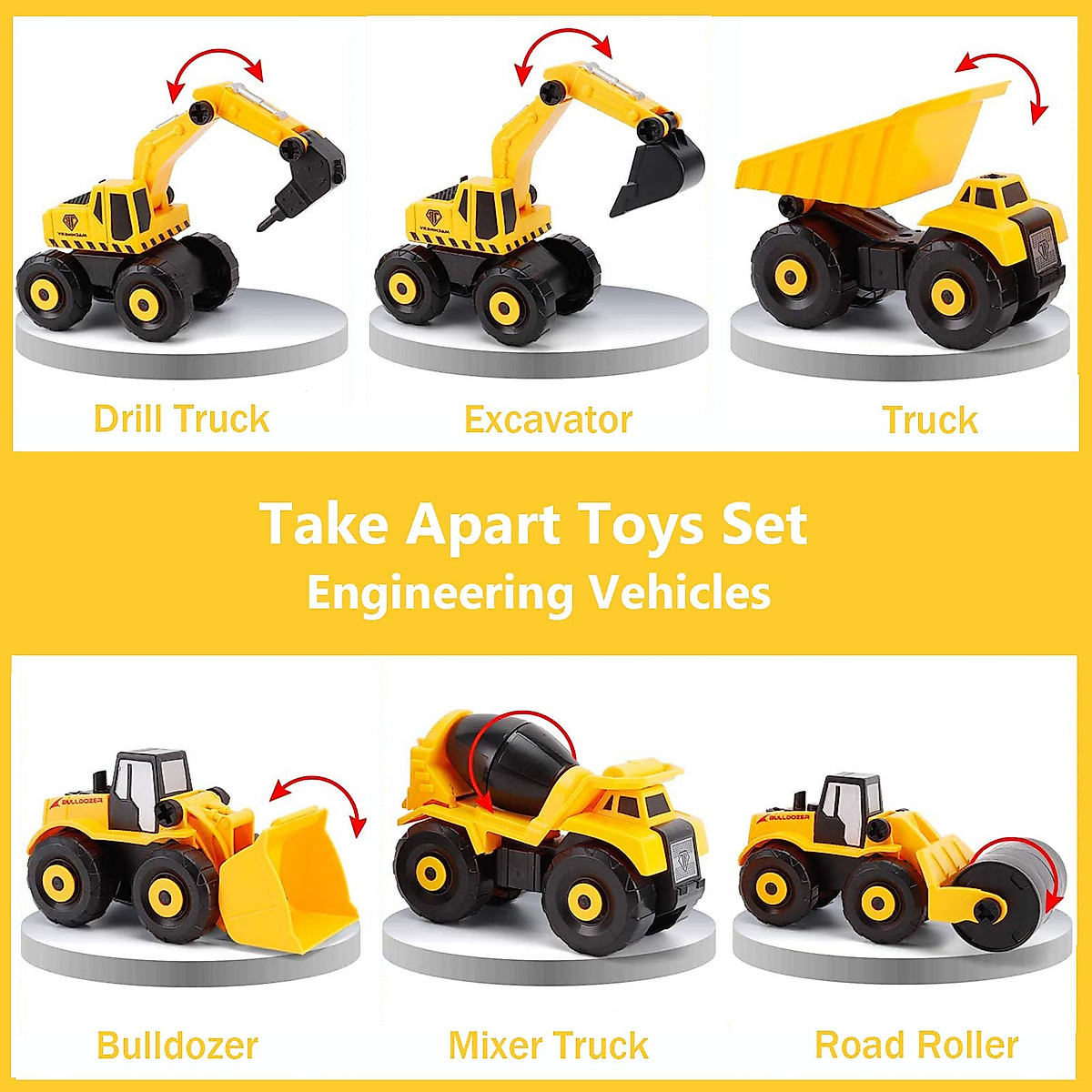 TEUVO Construction Take Apart Toys with Electric Drill, Building Excavator Toy STEM Trucks Vehicle Construction Vehicles for Kids, Educational Learning Gifts for Ages 3+ Boys & Girls