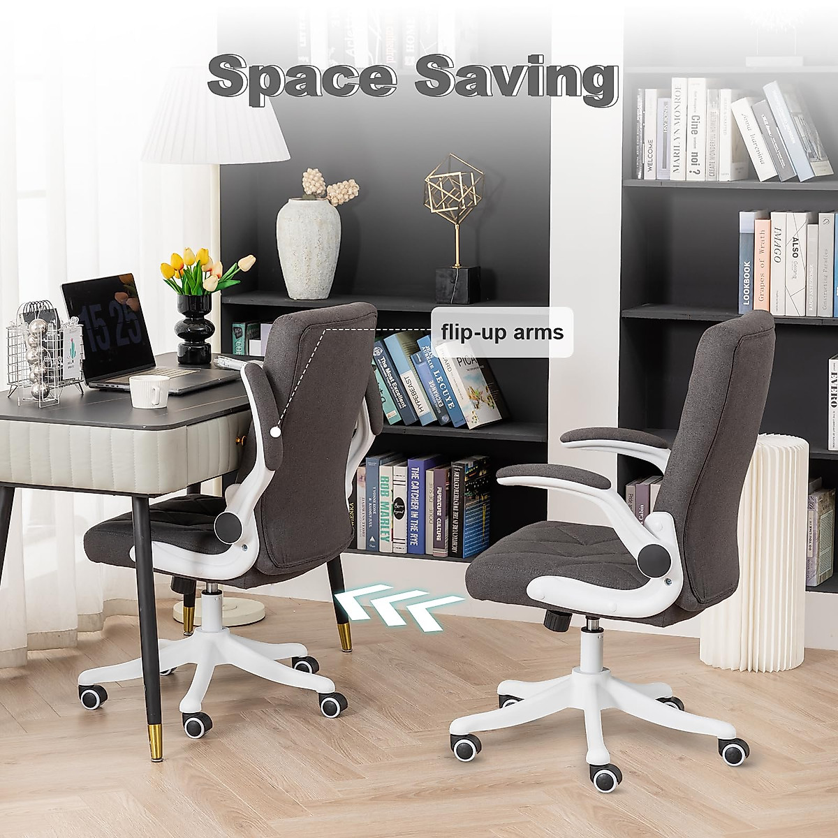 Home Office Chair, Comfy Chair Work from Home Essentials, Cloth Comfy Office Chair Comfortable Computer Chair with Wheels Swivel, Ergonomic Lumbar Support and Flip-up Armrests |Grey