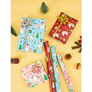 WERNNSAI Christmas Wrapping Paper - 3 Rolls 17” x 120” Christmas Unicorn Wrapping Paper Rolls Christmas Gift Wrap Paper Girls Birthday Wrapping Paper Holiday Wrapping Paper Unicorn Gift Wrap Paper