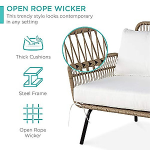 Best Choice Products Outdoor Rope Woven Sectional Patio Furniture L-Shaped Conversation Sofa Set for Backyard, Porch w/Thick Cushions, Detachable Lounger, Side Table - White