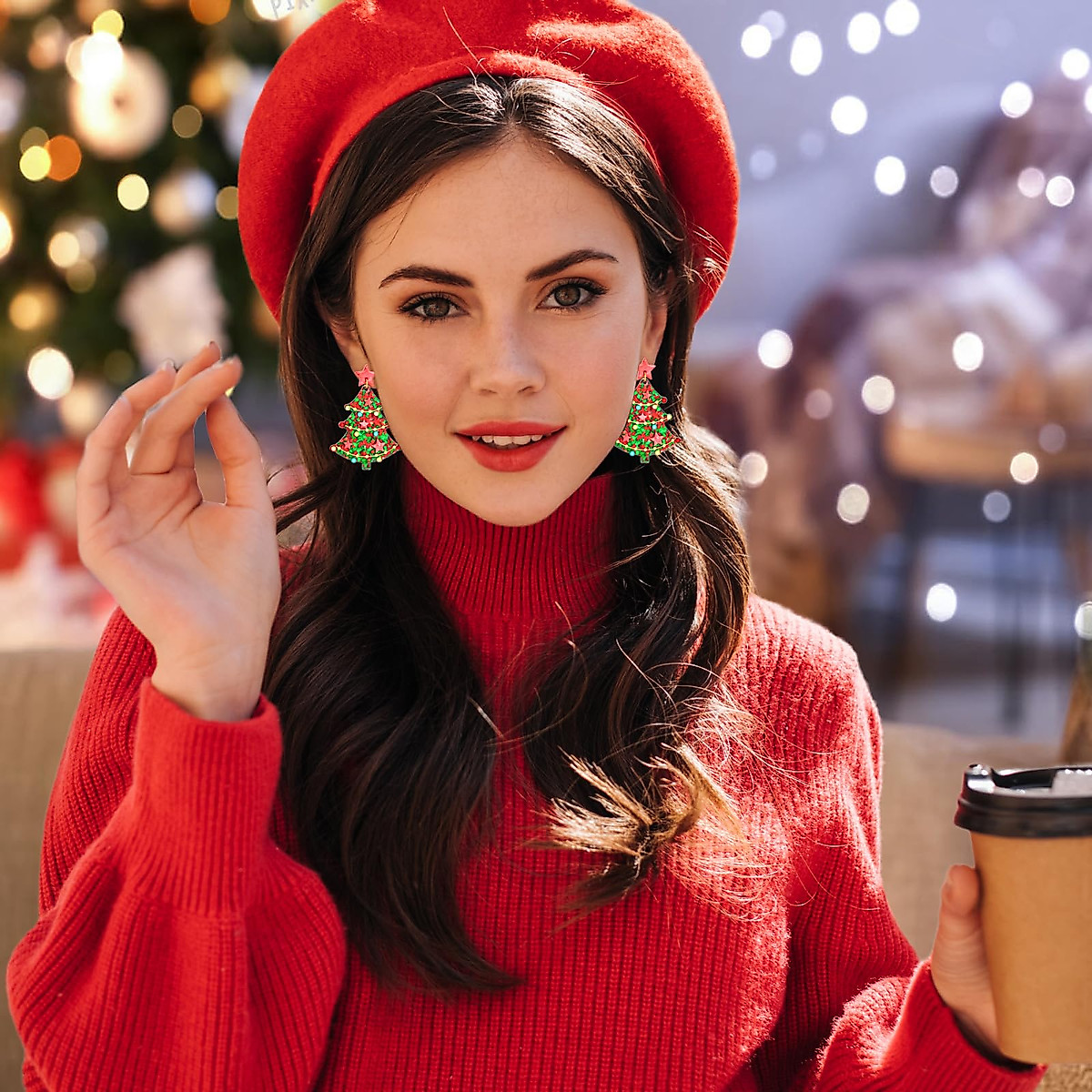 MUYAN Colored Christmas Tree Dangle Earrings for Women Bright Xmas Acrylic Glitter Star Tree Earrings Holiday Jewelry Gift