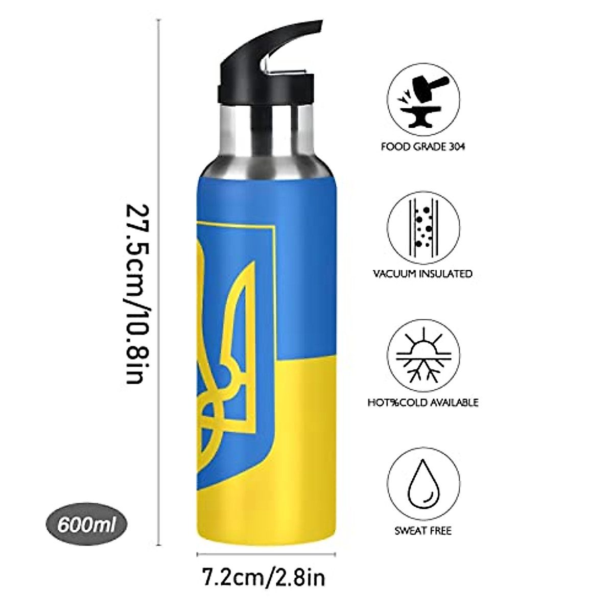 Stainless Steel Water Bottle with New Wide Handle Straw Lid Ukraine Flag National Emblem Portable Sport Bottle 20 Oz