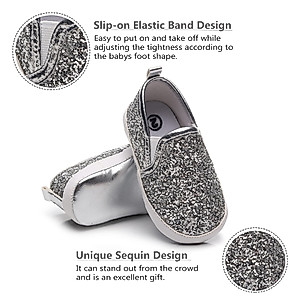 HONGTEYA Baby Shoes Baby Boys Girls Sequins Crib Shoes Baby Moccasins Toddler Leather Caual Sneakers Infant Glitter Shoes - Soft Sole for 0-18 Months Babies First Walking Silver