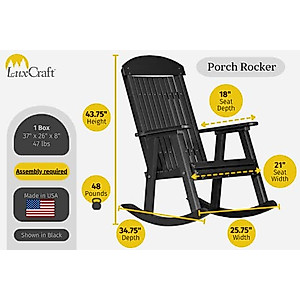 LuxCraft Plastic Poly Outdoor Rocking Chair, Front Porch Rocker, Patio Rocking Chair for Outside (Black)
