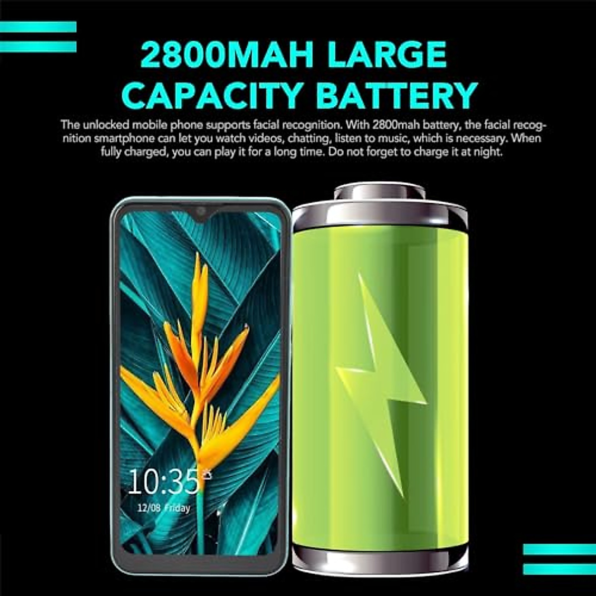 Smartphone, 6.1 Inch Drop Screen 3G Unlocked Cellphone 3GB ROM 32GB Facial Recognition Mobile Phone, 10 Core CPU Processor 5MP Front and 8MP Rear Camera 2800Mah Battery(Green)